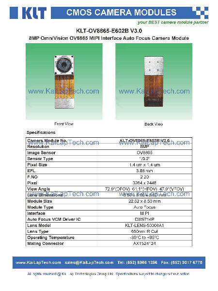 Buy Wholesale Hong Kong SAR Klt-ov8865-e602b V3.0 8mp Ov8865 Mipi ...