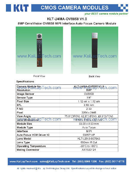 Klt-u4ma-ov8858 V1.0 8mp Ov8858 Mipi Interface Auto Focus Camera Module ...