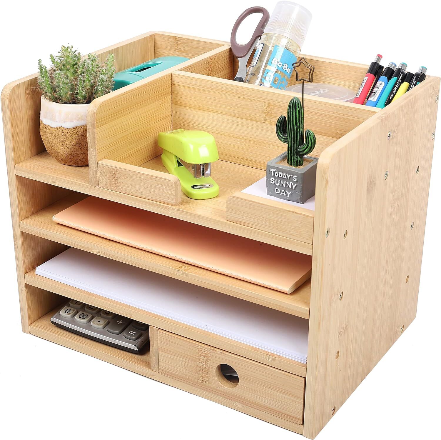 No Assembly Required Bamboo Desk Organizer With 3 Drawer Tabletop ...