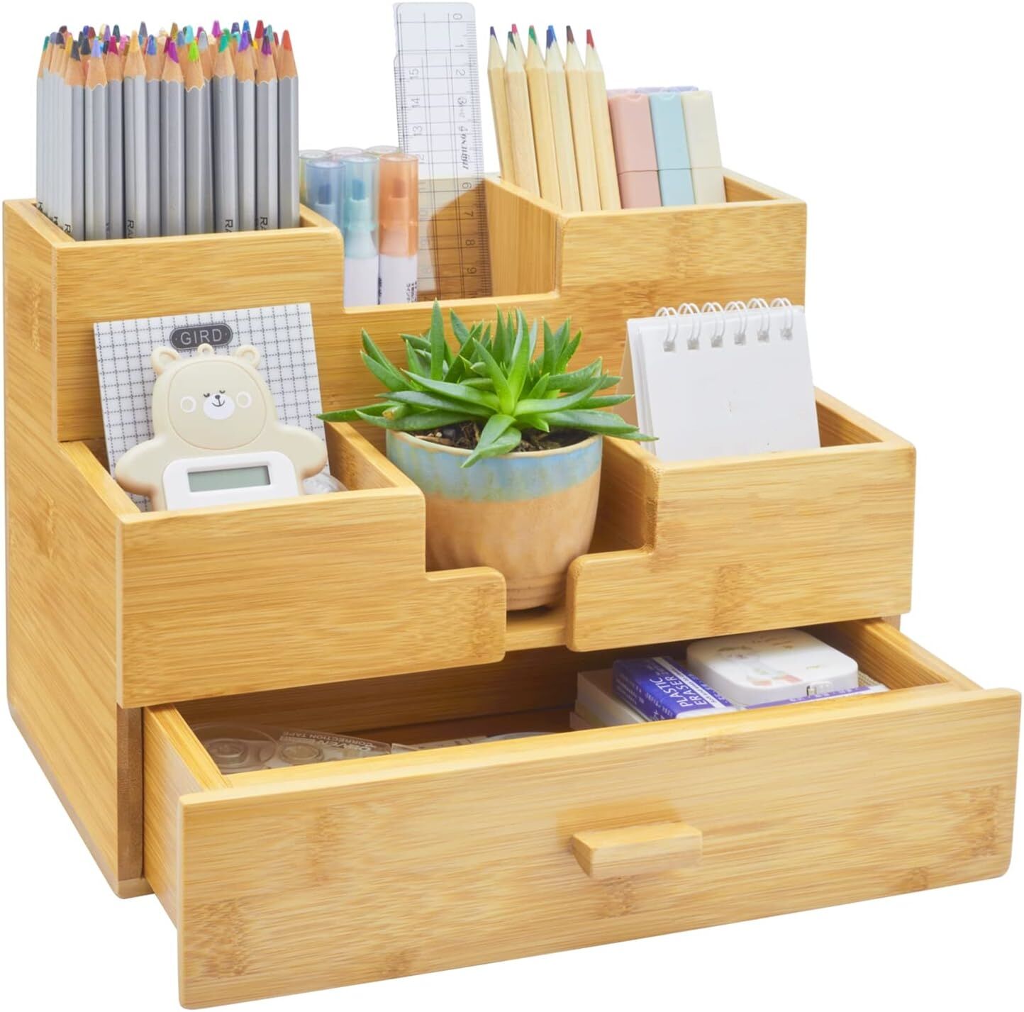 No Assembly Required Bamboo Desk Organizer With 3 Drawer Tabletop ...