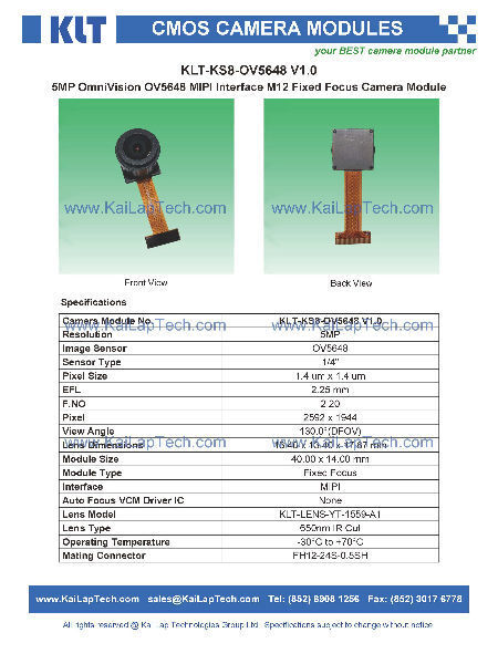 Klt-ks8-ov5648 V1.0 5mp Ov5648 Mipi Interface M12 Fixed Focus Camera ...