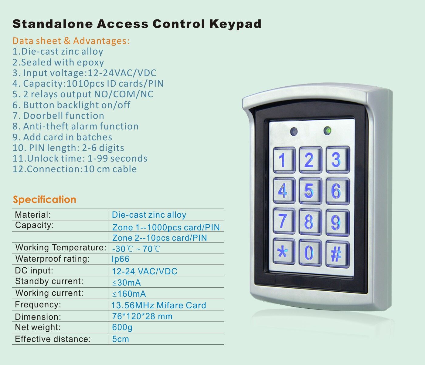 Buy Wholesale China Access Control Keypad Standalone Waterproof Sealed With Epoxy Metal 125 Khz ...