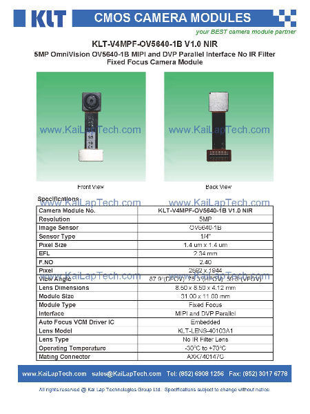 Klt-v4mpf-ov5640-1b V1.0 Nir 5mp Ov5640-1b Mipi And Dvp Parallel ...