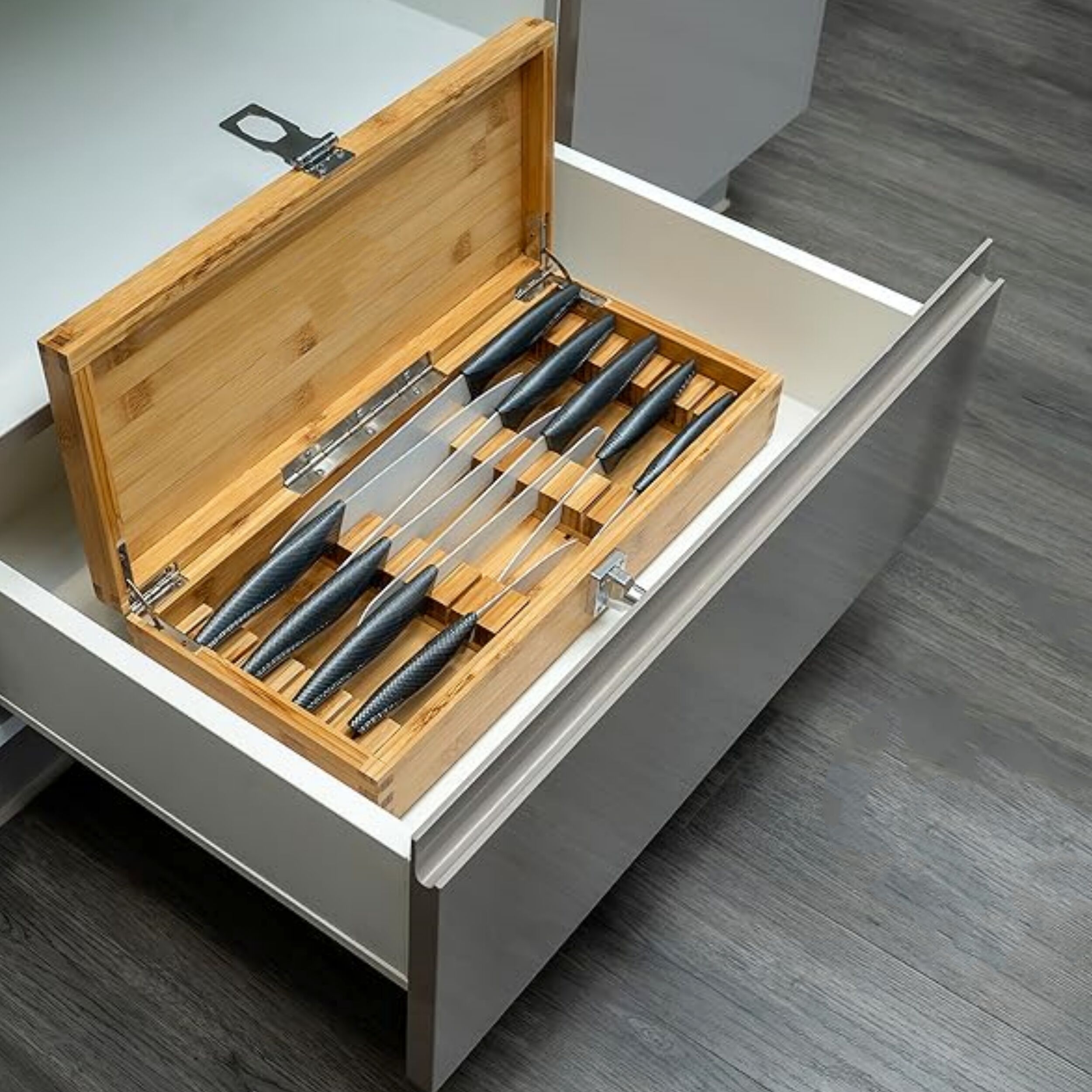 Bamboo Kitchen Knife Storage Box With Lock Drawer Knife Organizer Stash ...