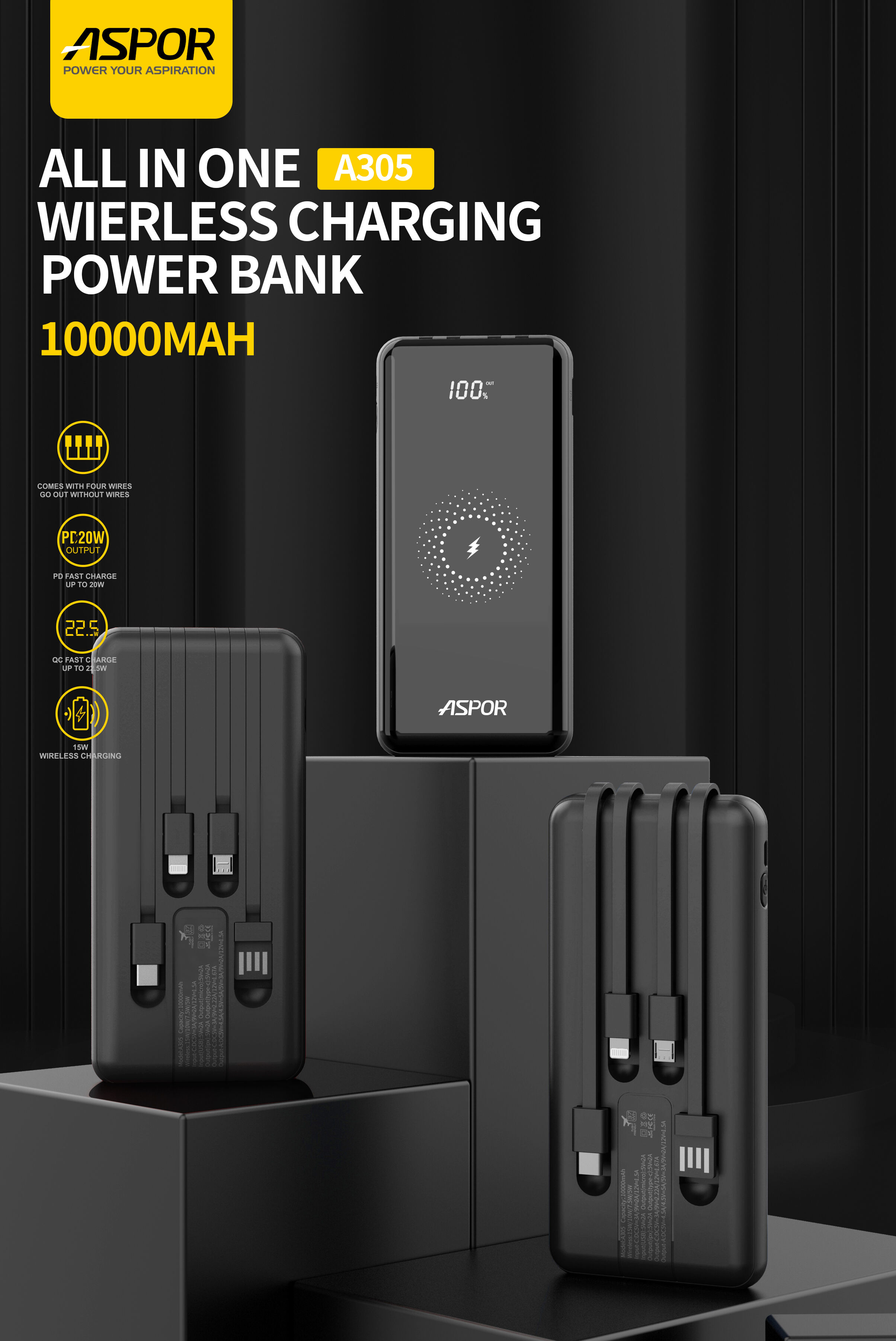 Aspor 10000mah Lcd Power Bank Support 3 Ways Charging Mobiles Wireless ...