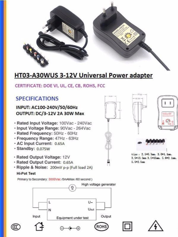 Eu Version 12w Ac/dc Power Supply Univresal Charger 3v 4.5v 5v 6v 7.5v 9v 12v 1a Erp Vi ...