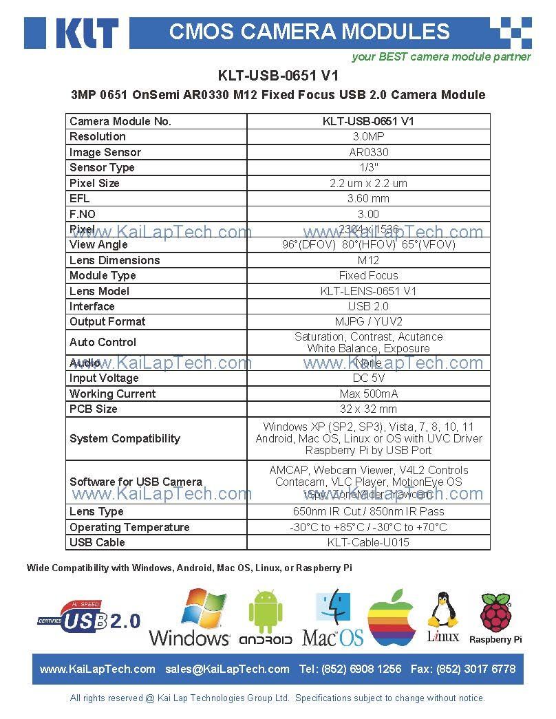 Klt-usb-0651 V1 3mp 0651 Ar0330 M12 Fixed Focus Usb 2.0 Camera Module ...