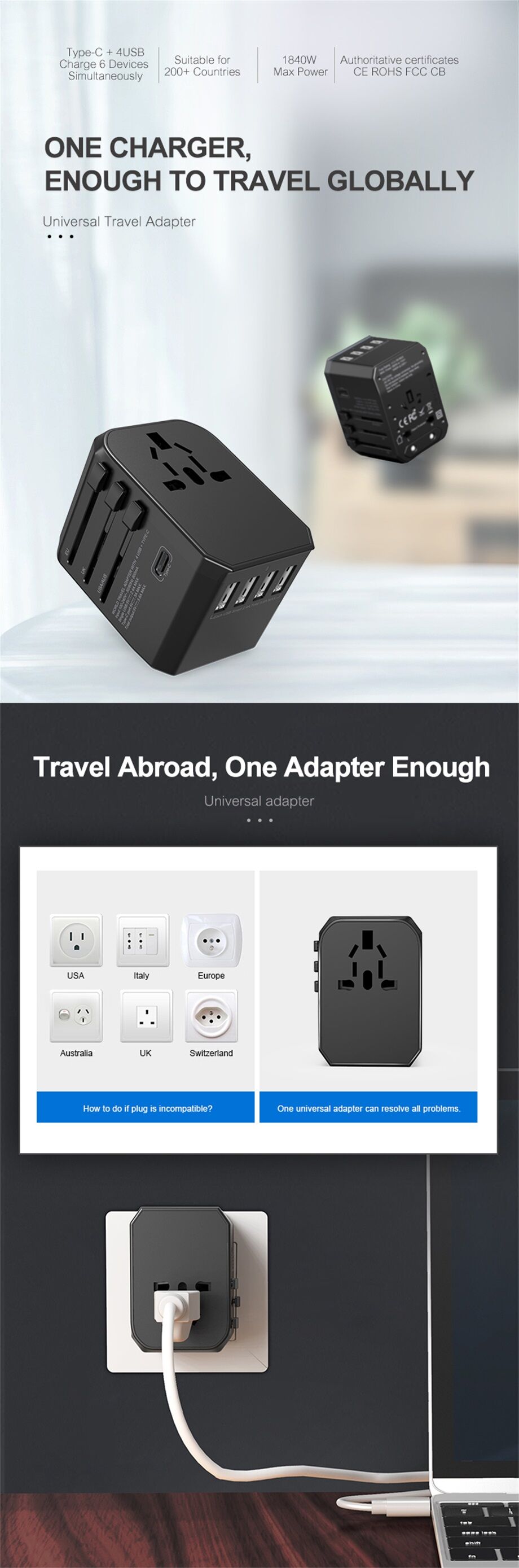 Buy Wholesale China New Universal Travel Adapter 4 Usb + Type-c Port Uk ...