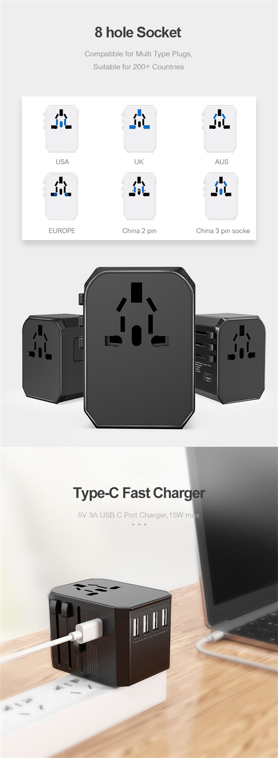 Buy Wholesale China New Universal Travel Adapter 4 Usb + Type-c Port Uk ...
