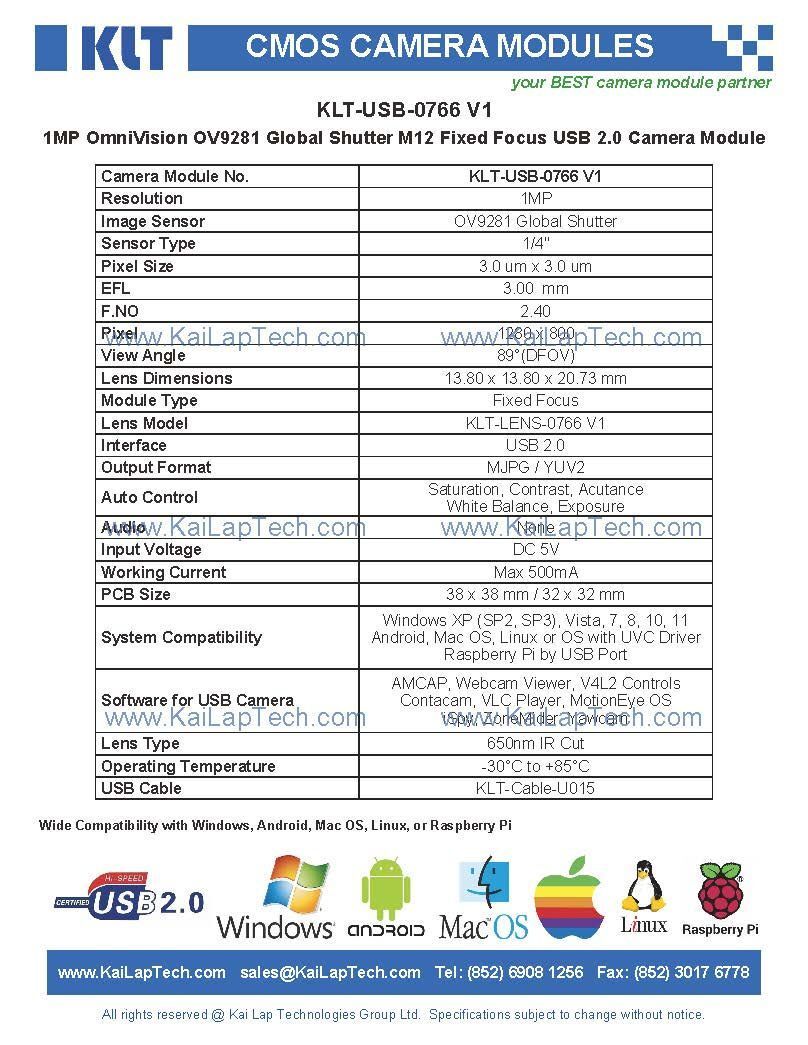 Klt-usb-0766 V1 1mp 0766 Ov9281 Global Shutter M12 Fixed Focus Usb 2.0 ...