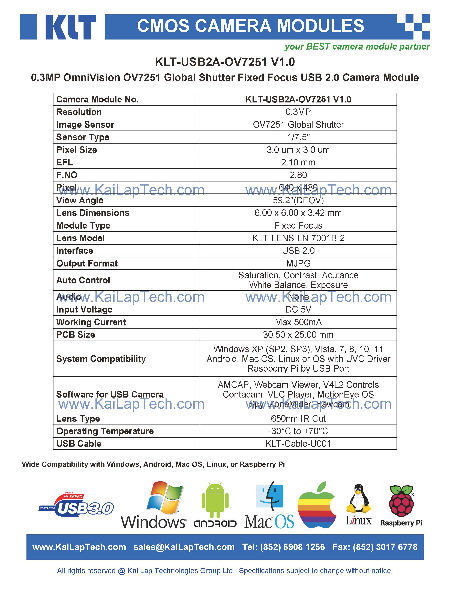 Buy Wholesale Hong Kong SAR Klt-usb2a-ov7251 V1.0 0.3mp Ov7251 Global Shutter Fixed Focus Usb 2. ...