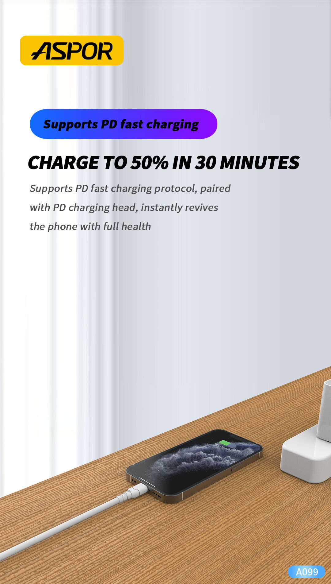 Buy Wholesale China Aspor A099 Top One Super Pd Fast Charging Cable 27w Type C To Lighting High ...