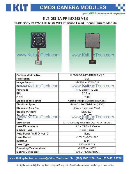 Buy Hong Kong SAR Wholesale Klt-ois-3a-ff-imx258 V1.0 13mp Imx258 Ois Mgs Mipi Interface Fixed ...