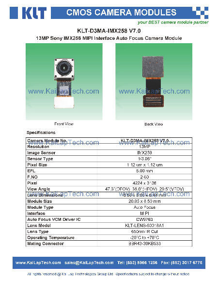 Buy Wholesale Hong Kong SAR Klt-d3ma-imx258 V7.0 13mp Imx258 Mipi ...