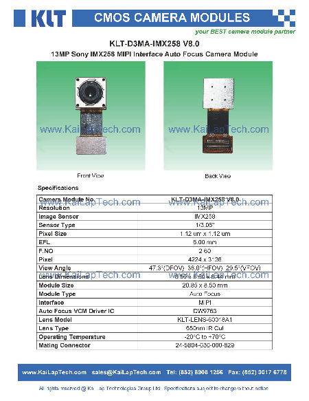 Klt-d3ma-imx258 V8.0 13mp Imx258 Mipi Interface Auto Focus Camera ...