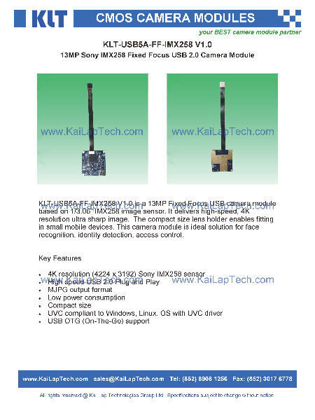 Klt-usb5a-ff-imx258 V1.0 Imx258 Usb 2.0 Interface Fixed Focus 13mp ...