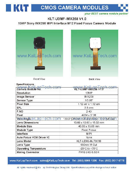 Buy Hong Kong SAR Wholesale Klt-u3mf-imx258 V1.0 13mp Imx258 Mipi ...