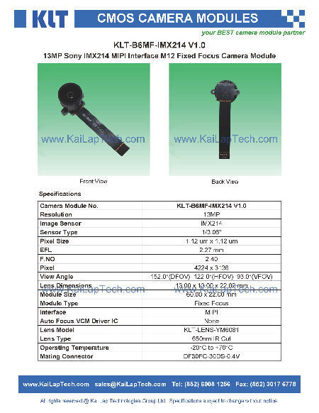 Klt-b6mf-imx214 V1.0 13mp Imx214 Mipi Interface M12 Fixed Focus Camera ...