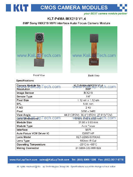 Klt-p4ma-imx219 V1.4 8mp Imx219 Mipi Interface Auto Focus Camera Module ...
