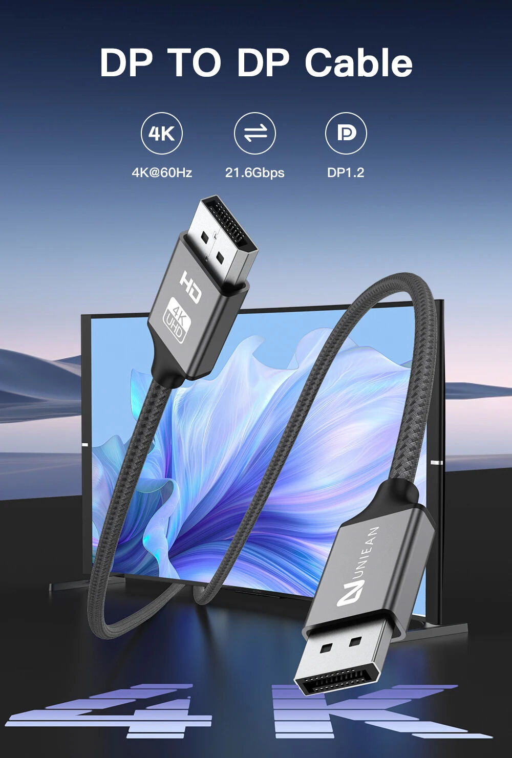 High Performance Dp 1.2 Version Displayport Cable Uhd 4k Durable Metal ...