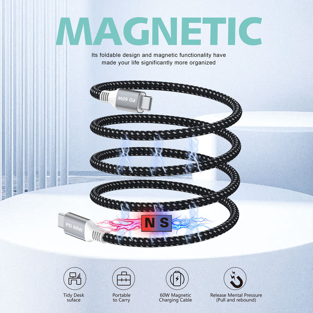 60w Magnetic Charging Usb C Cable 3.3ft Type C Fast Charging Cord Nylon ...