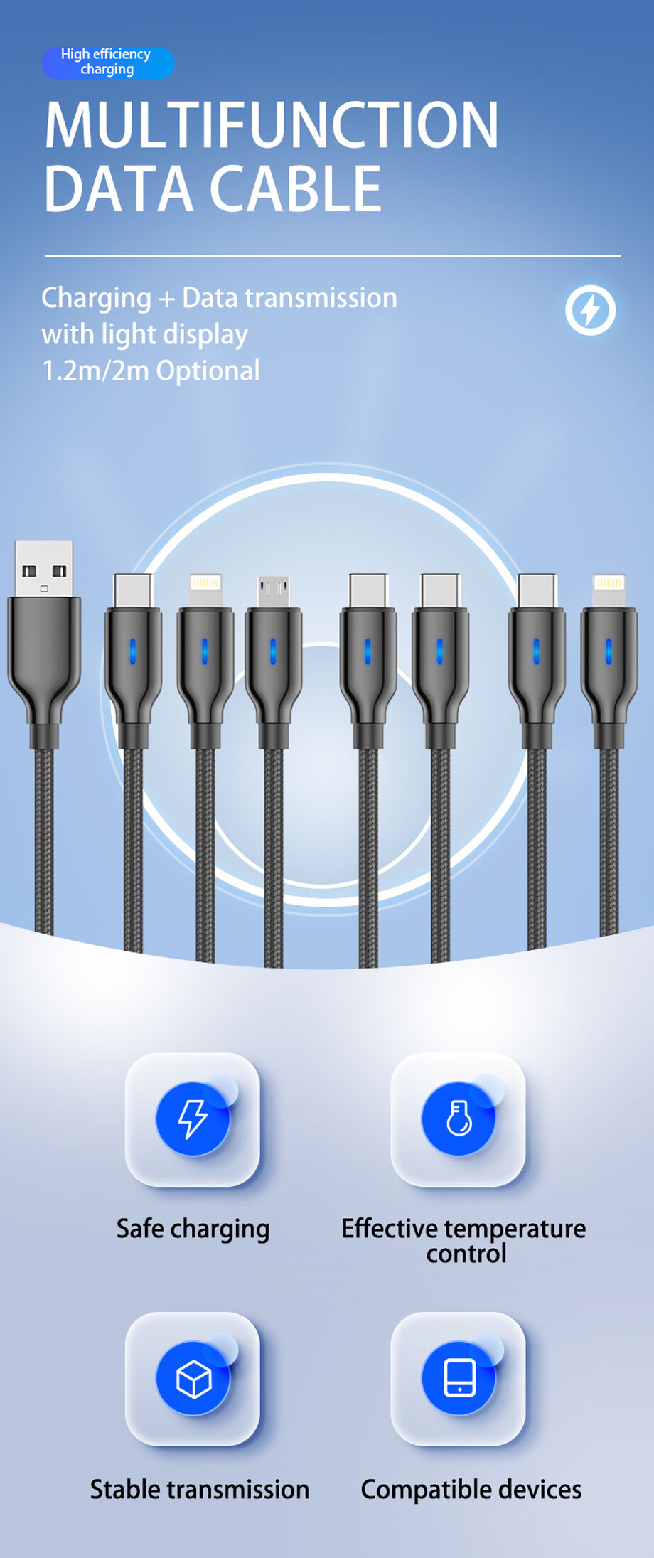 6a Light Display Usb Cable For Iphone 1.2m Usb C Mobile Phone Data ...