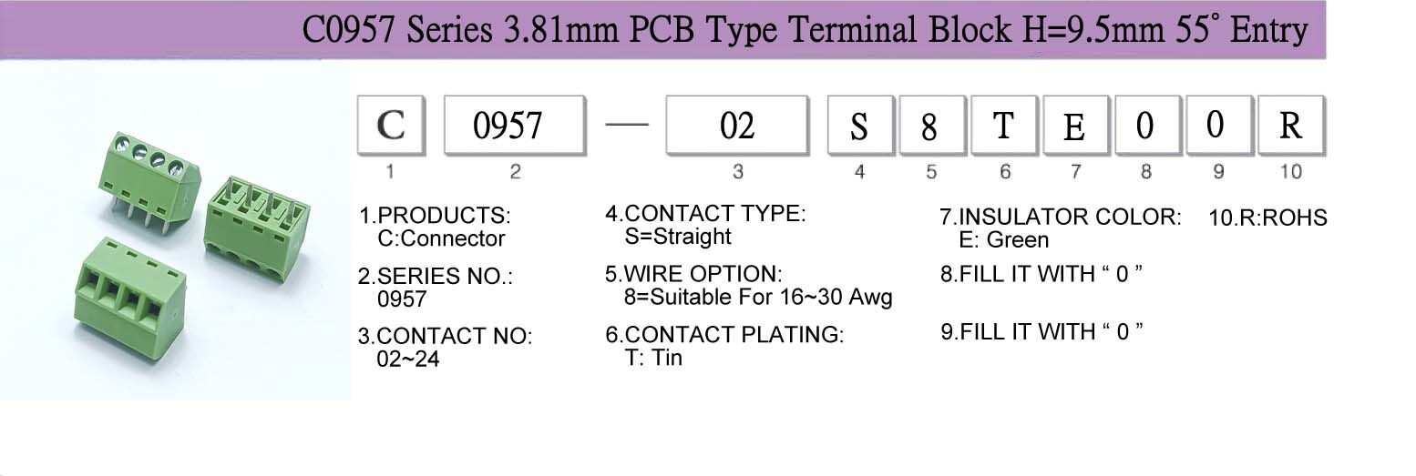 C0957 Series 3.81mm Pcb Type Terminal Block, H=9.5mm 55° Entry Dip ...