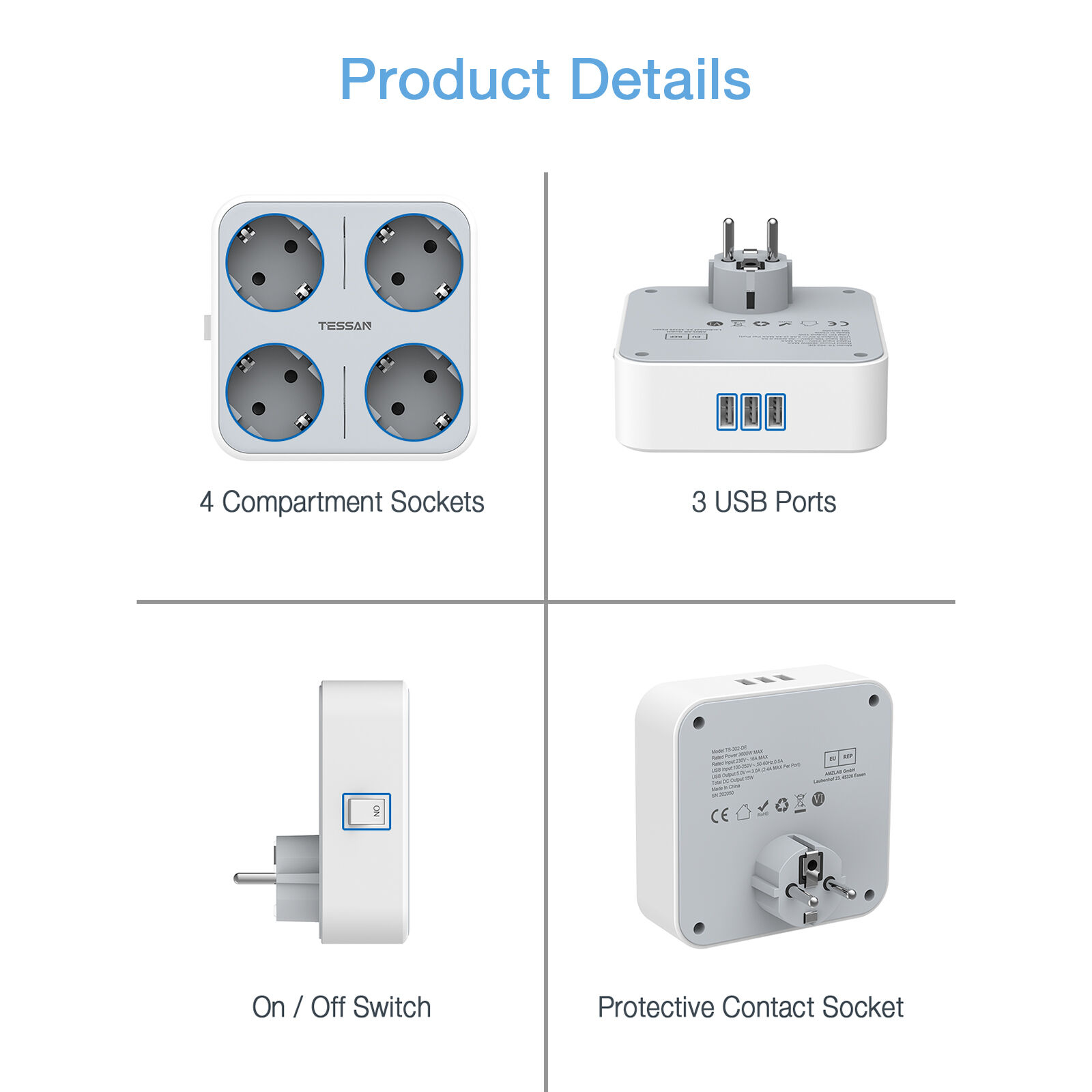 Buy Wholesale China Tessan Eu Power Socket, Multi-socket With 4 ...