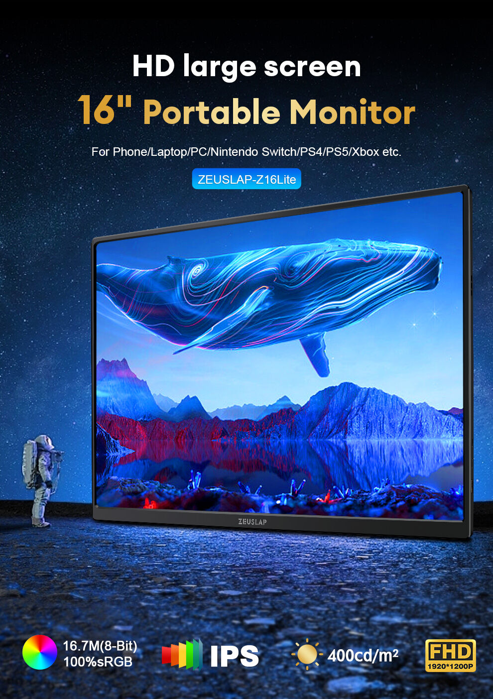 Full Hd 1200p 16" Inch Smart Portable Usb Type C Pc Gaming Monitor Ips ...