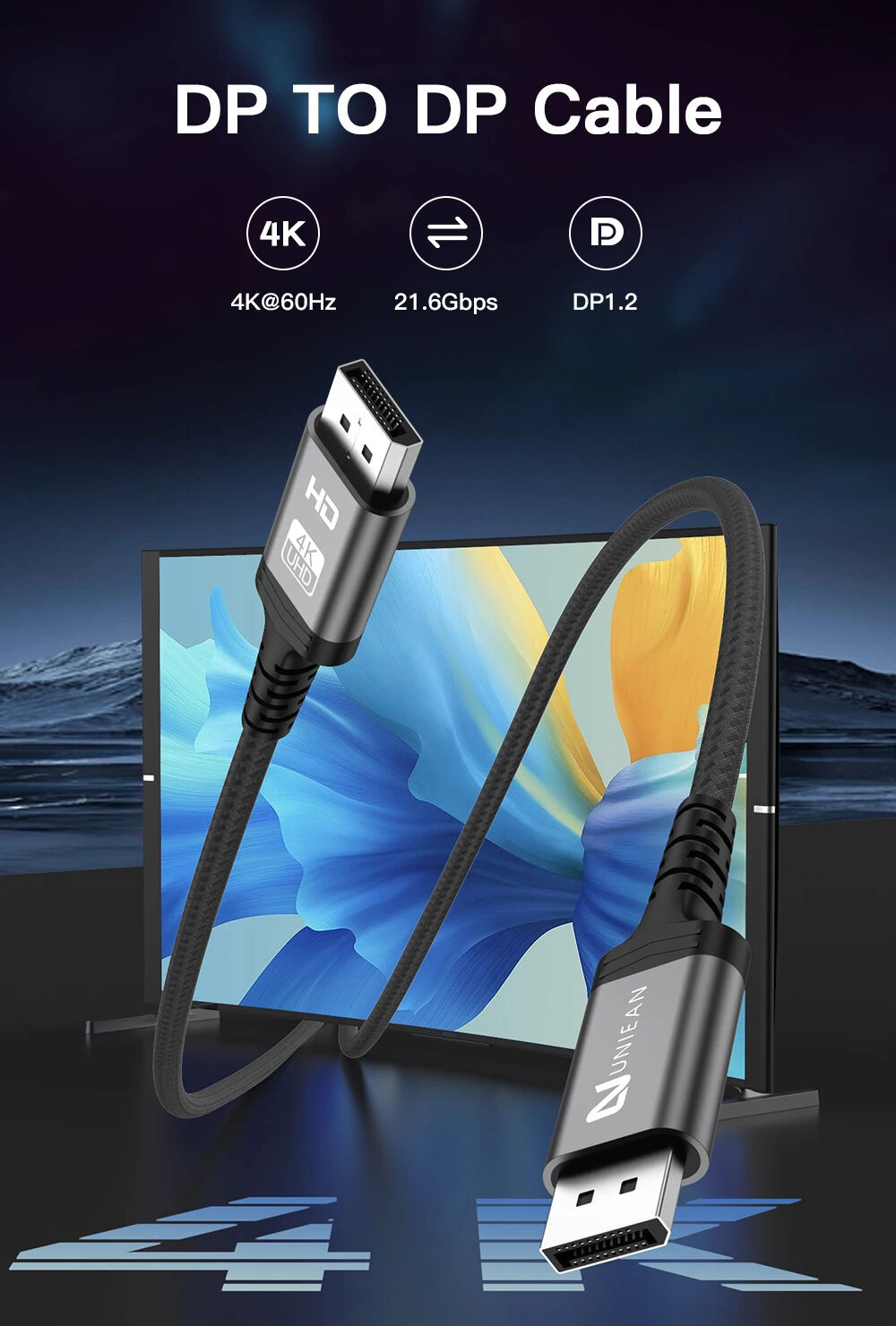 21.6gbps Dp Cable 1.2 4k@60hz Aluminum Shell Nylon Braided Displayport Cable Adapter Male To ...