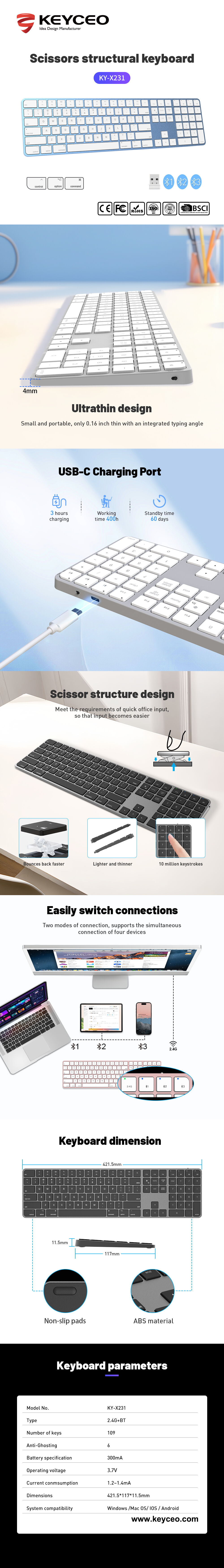 Ce Fcc Rohs Ultrathin Design Multidevice Keyboard Office 2.4g+bt Usb-c ...