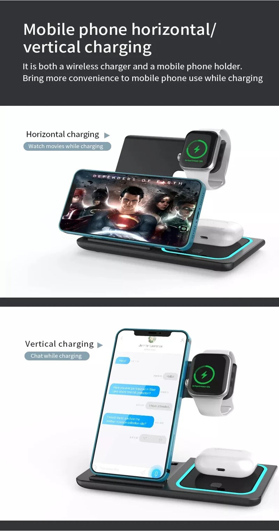 X455 Multifunctional Foldable 3 In 1 Wireless Charger 15w Fast Qi Wireless Charger Station ...