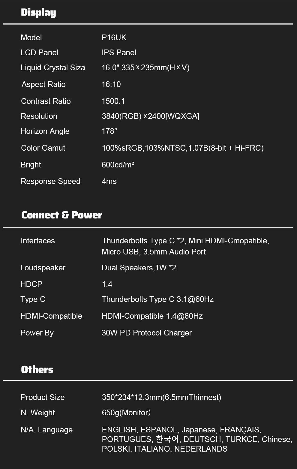 Zeuslap New 16 Inch Portable Gaming Monitor 4k Uhd 100%sgrb 103%ntsc ...