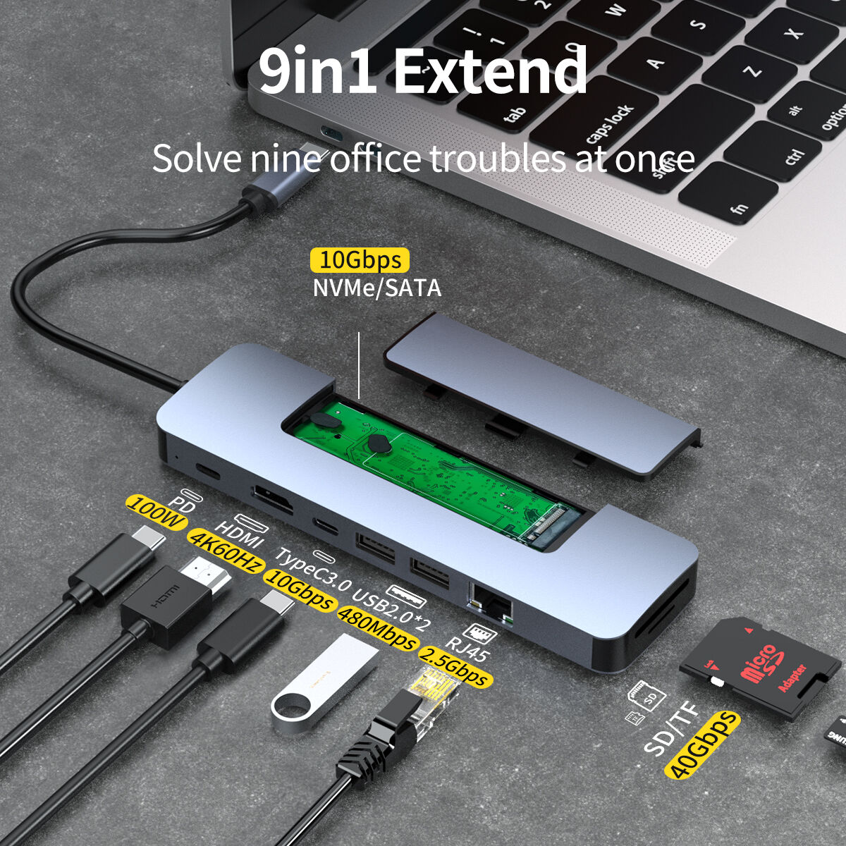 Factory Price Aluminum Alloy 9 Port Usb Hub Withm.2 Ssd Drive 10g ...