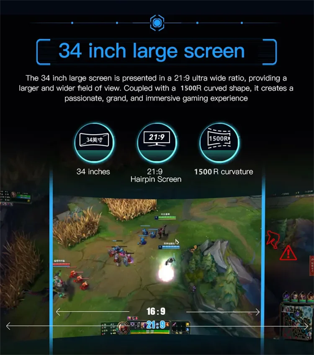 Yunshen Computer Super Wide 34 Inch 4k Gaming Monitor 21 9 Screen Ratio ...