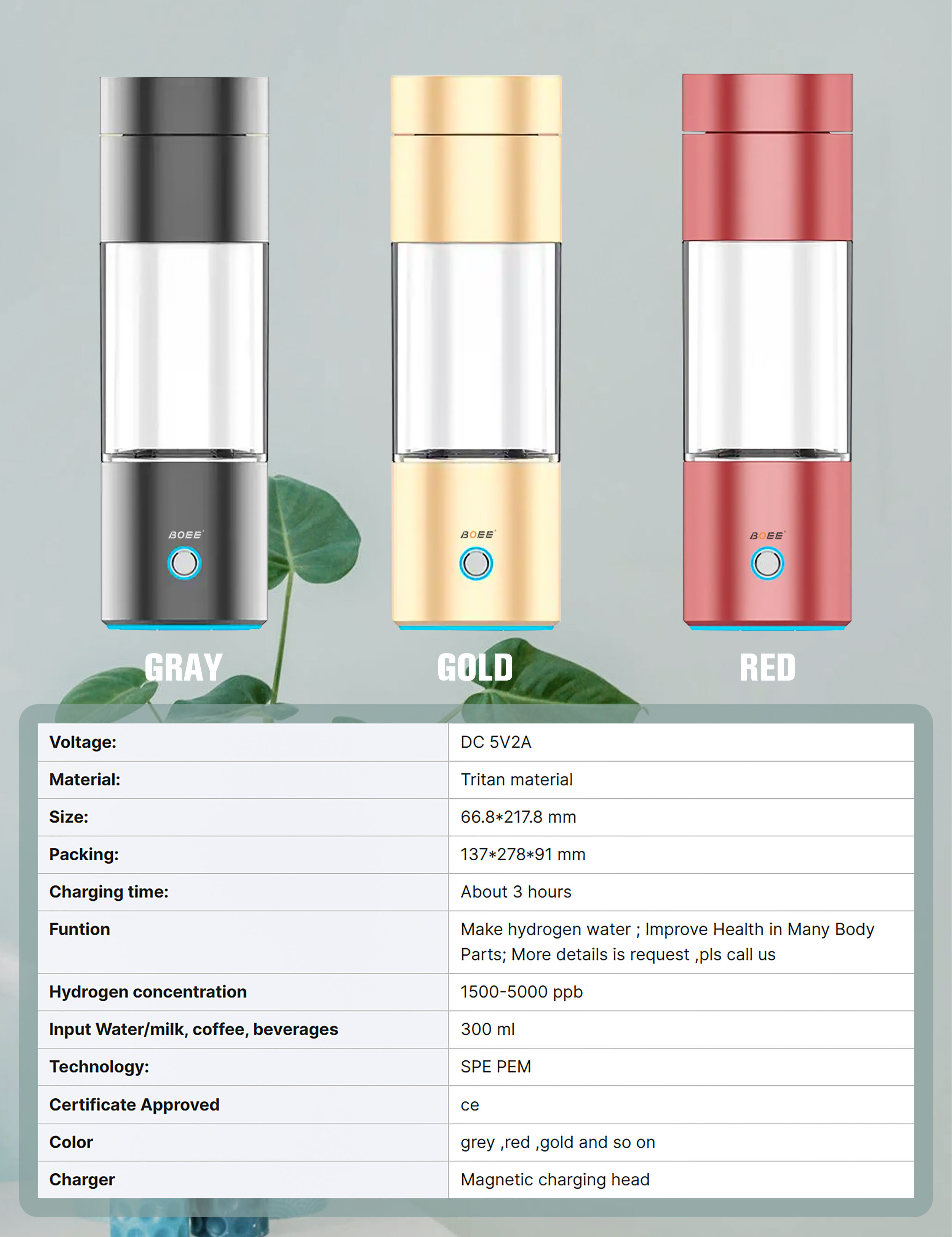 Custom Logo 300ml Usb Rechargeable Glass Hydrogen Water Bottle Camping ...