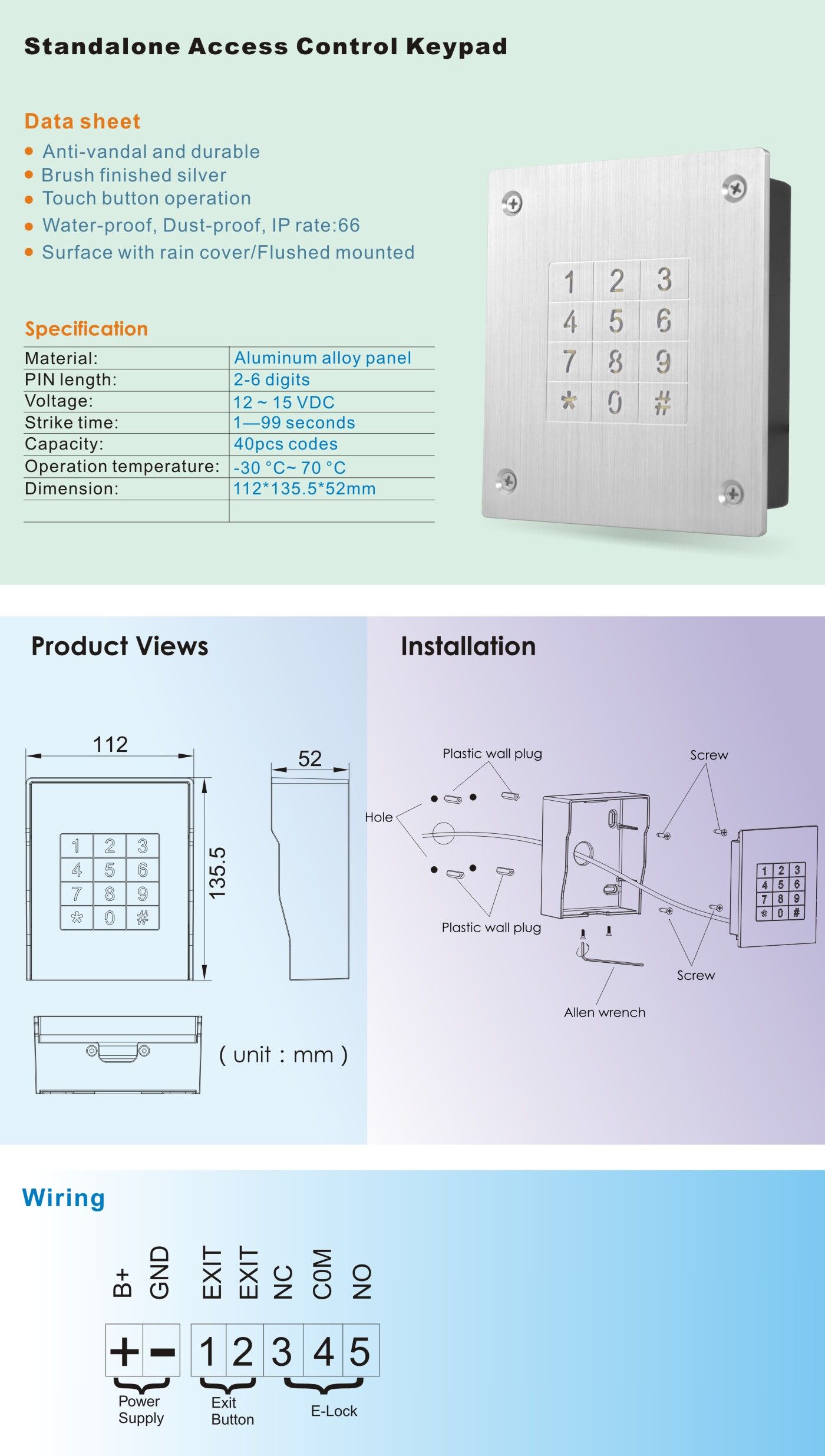 Code Access Door Entry System Blue Backlight, Silver Touch Keypad ...