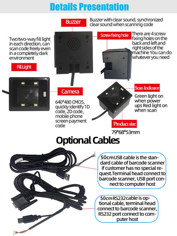 Rs232 2d Qr Barcode Scanner Fxed Mount Reader Module For Self-service ...