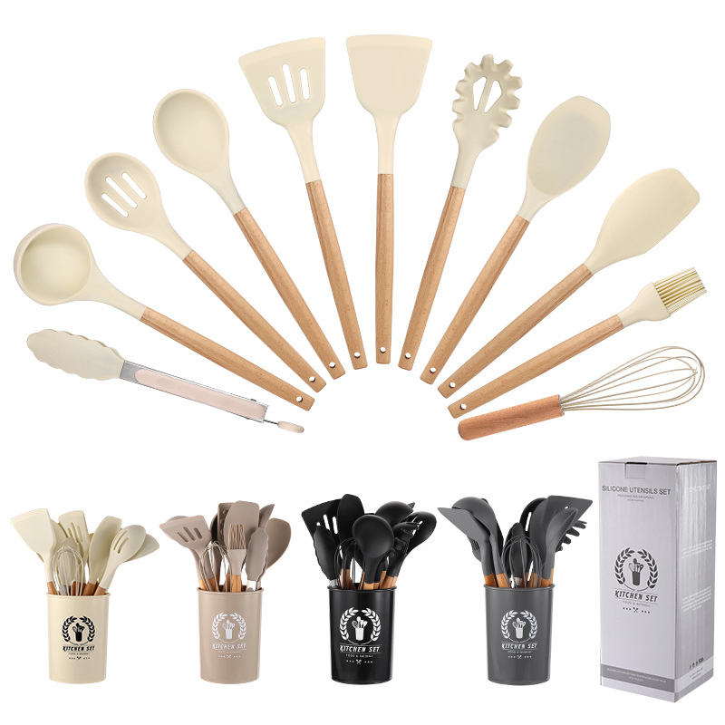 11 Pcs Non Stick Wooden Handle Silicone Kitchen Cookware Utensils Tools ...