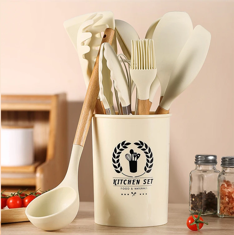 11 Pcs Non Stick Wooden Handle Silicone Kitchen Cookware Utensils Tools ...