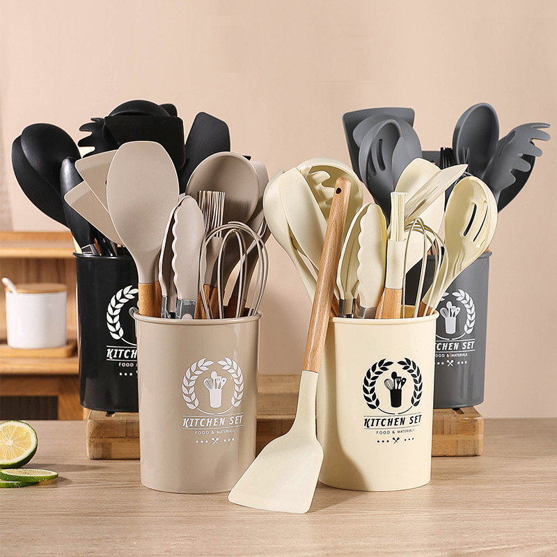11 Pcs Non Stick Wooden Handle Silicone Kitchen Cookware Utensils Tools ...