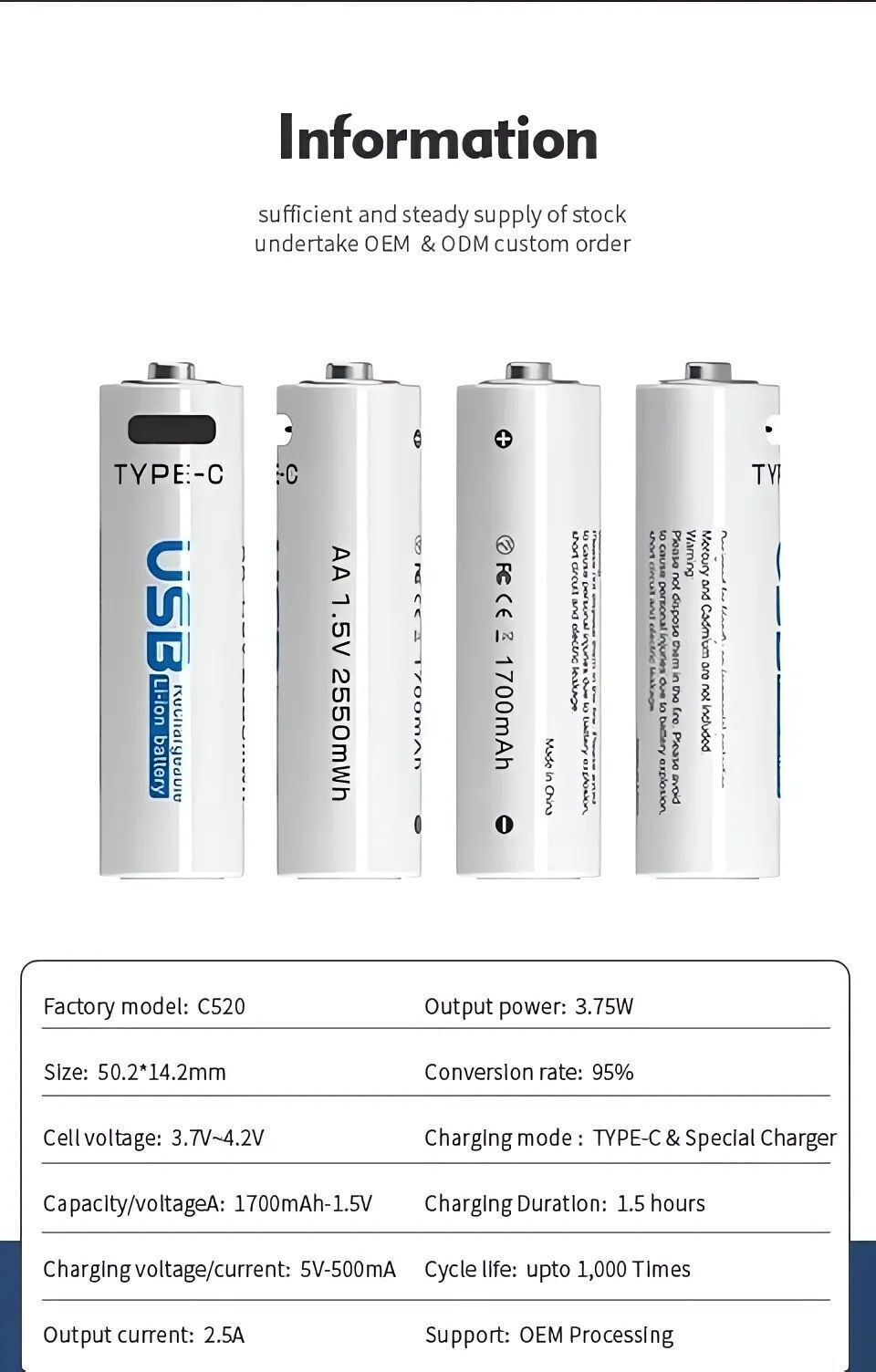 Buy Wholesale China Long Cycle Life Usb 1.5v Battery Aa 1700mah ...