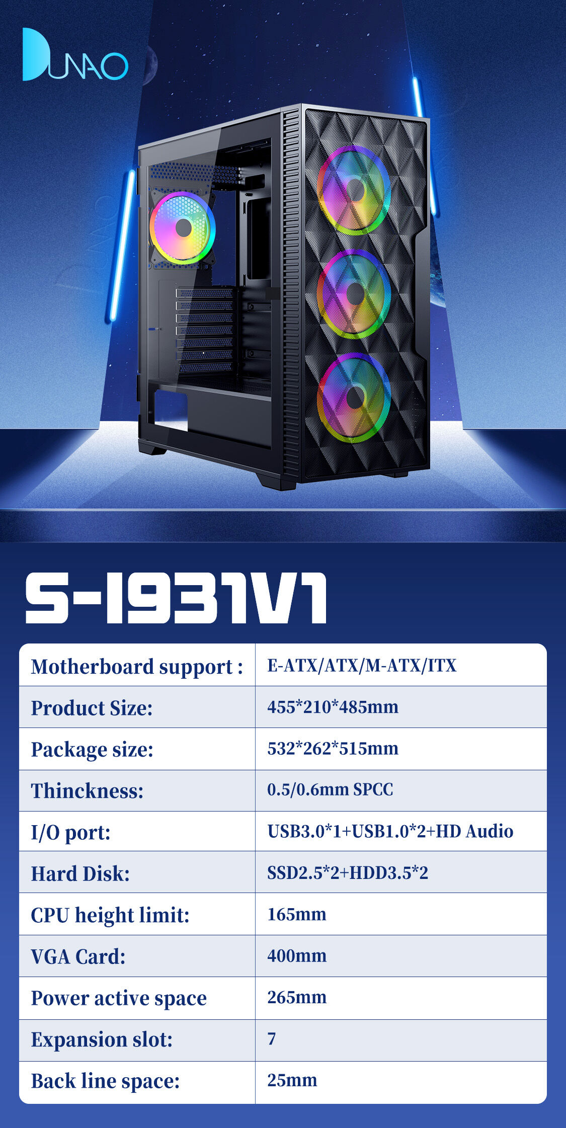 Full Tower Computer Case Atx Tempered Glass With Iron Mesh Cooling ...