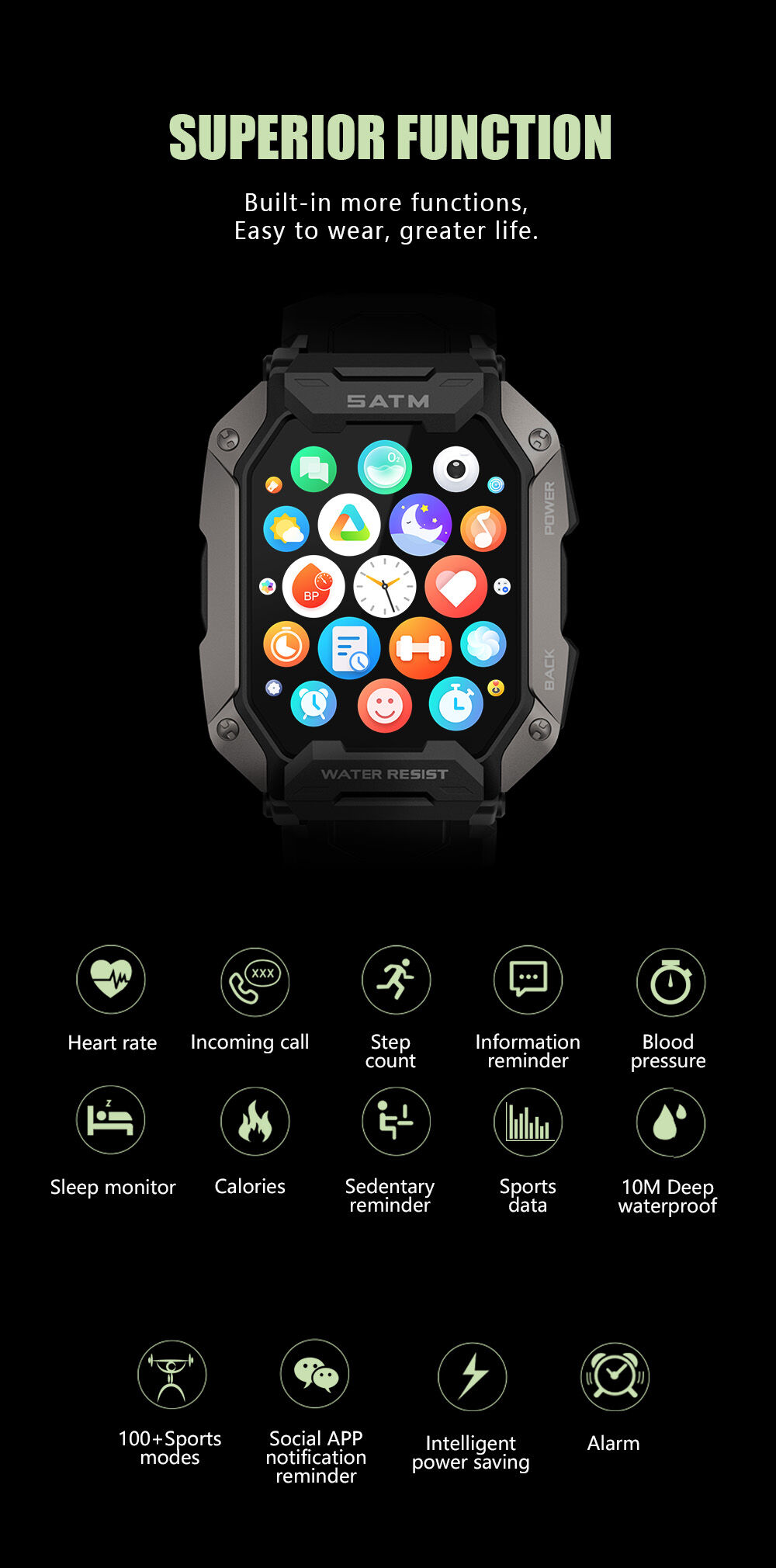 C20plus Outdoor Watch 1 Atm Waterproof 1.81inch Square Smartwatch With ...