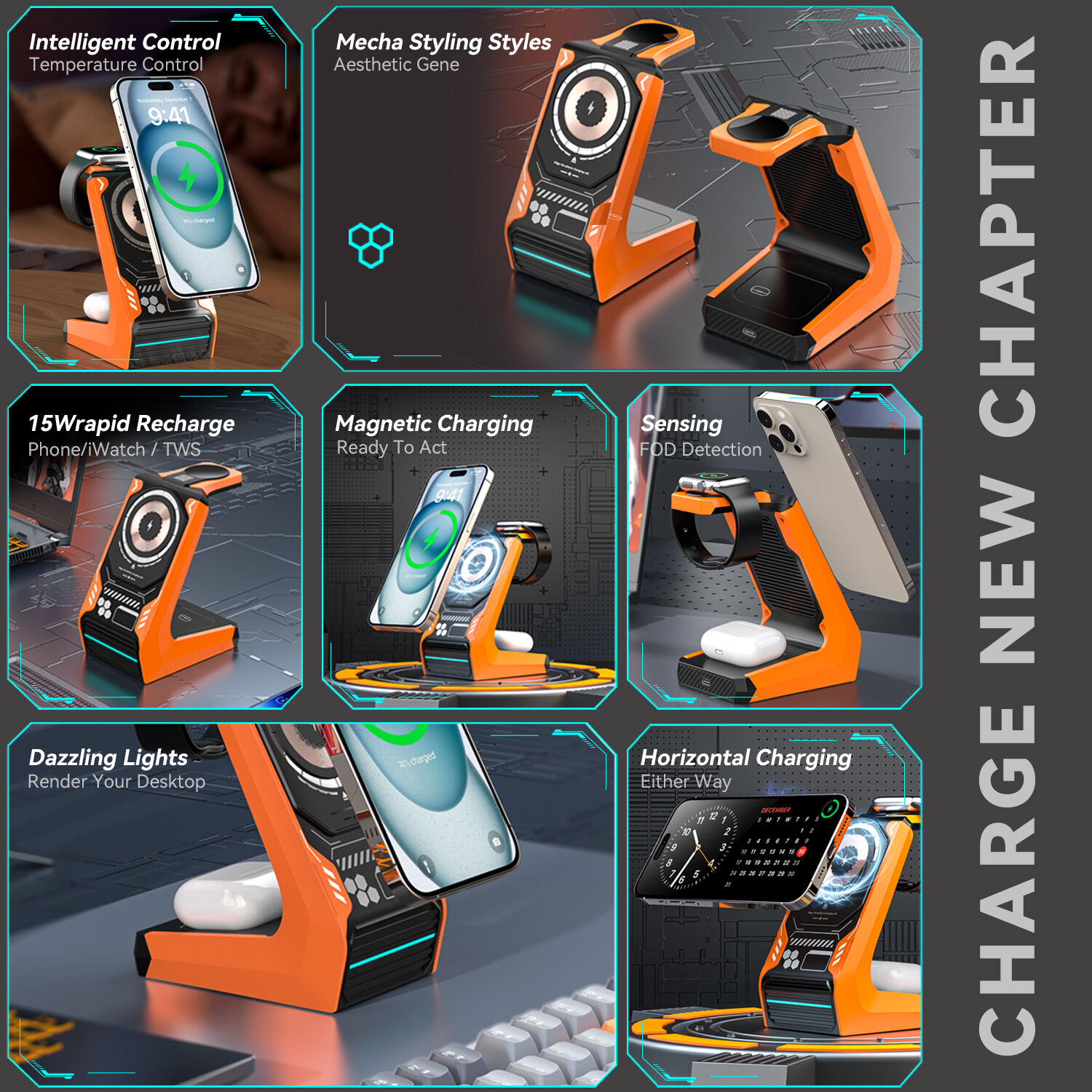 3 In 1 Magnetic Wireless Charger Station Mecha Gaming Style High Back ...