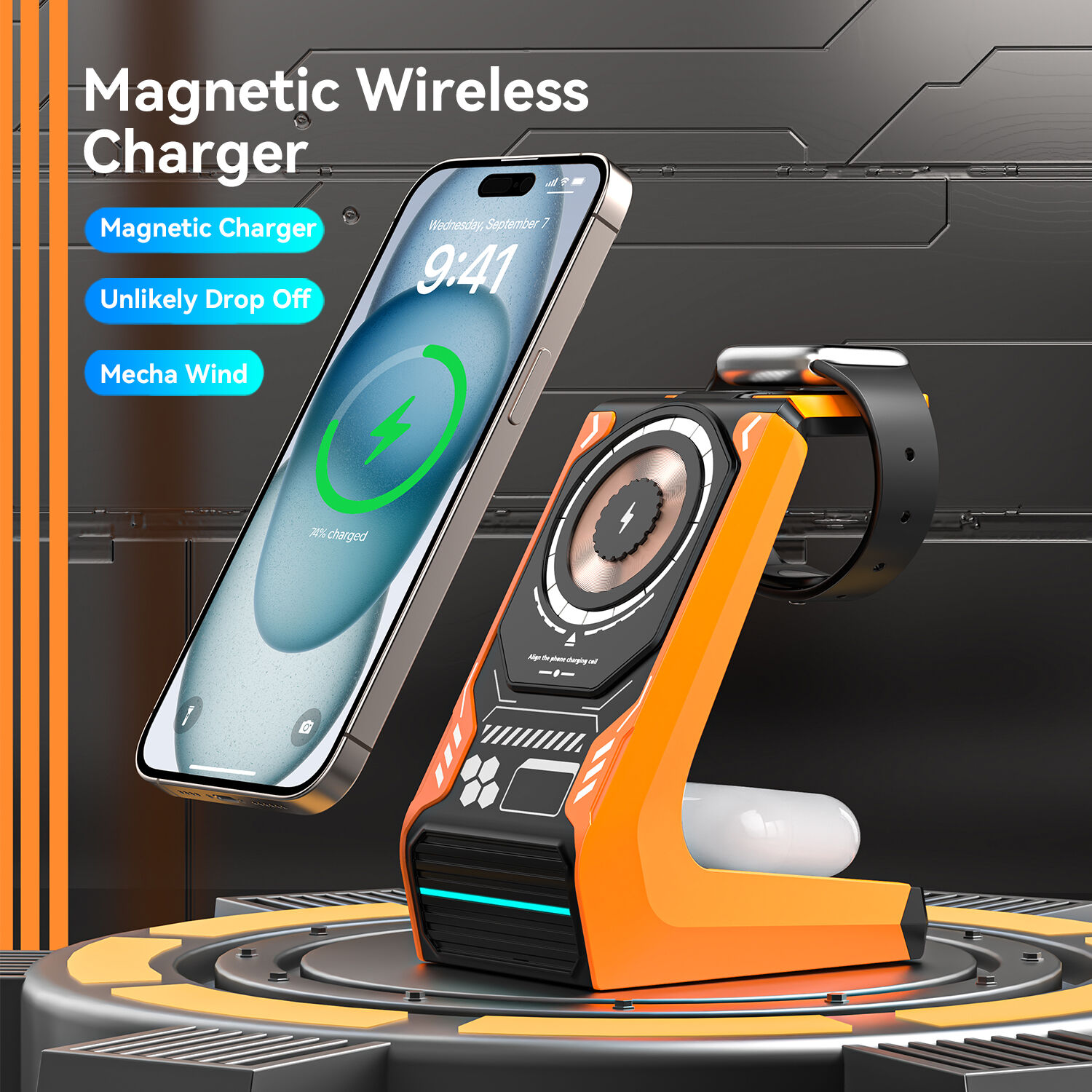 3 In 1 Magnetic Wireless Charger Station Mecha Gaming Style High Back ...