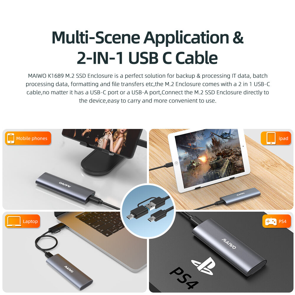 Maiwo K1689 Tool Free Aluminum Sata / Nvme M.2 Ssd Enclosure External ...