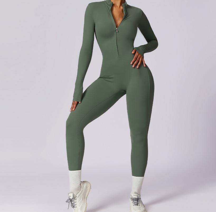 Custom H Igh-intensity Exercise Long-sleeved One-piece Yoga Suit Zipper Nude Bodybuilding ...