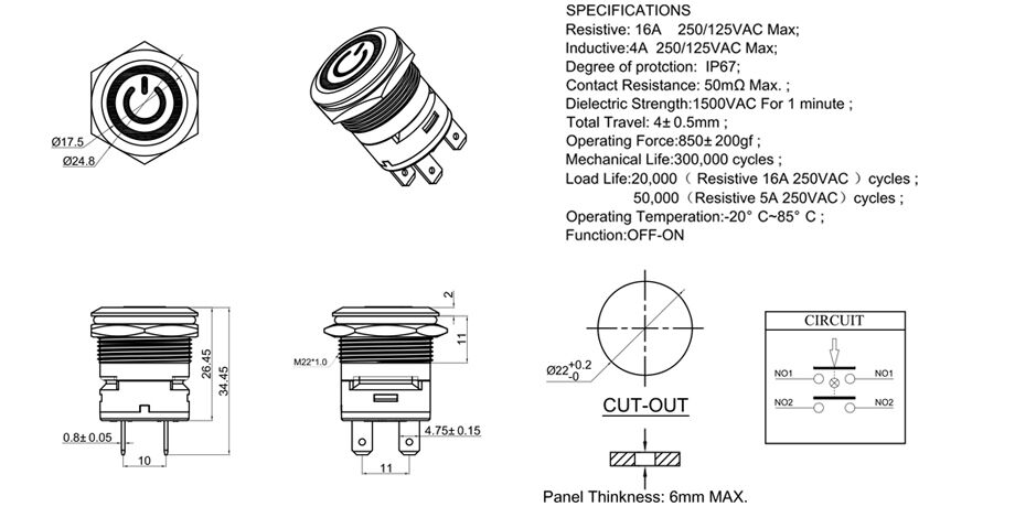 Honyone Pam Dpst High Current 16a 250v 22mm Illuminated Metal ...