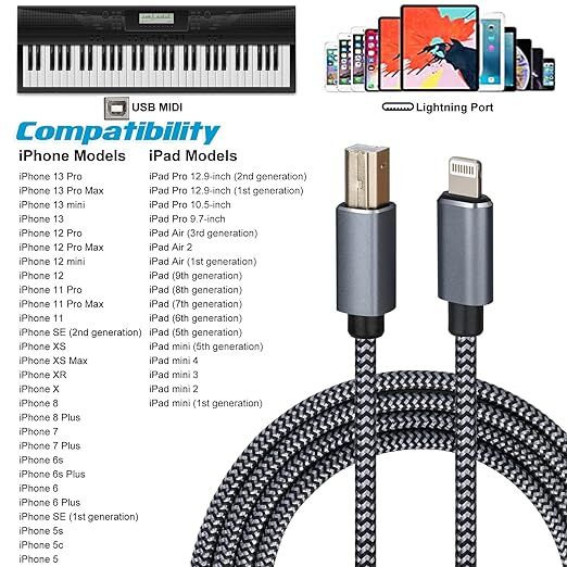Lightning To Midi Cable, Usb Otg Type B Cable From Iphone, Ipad To Midi ...